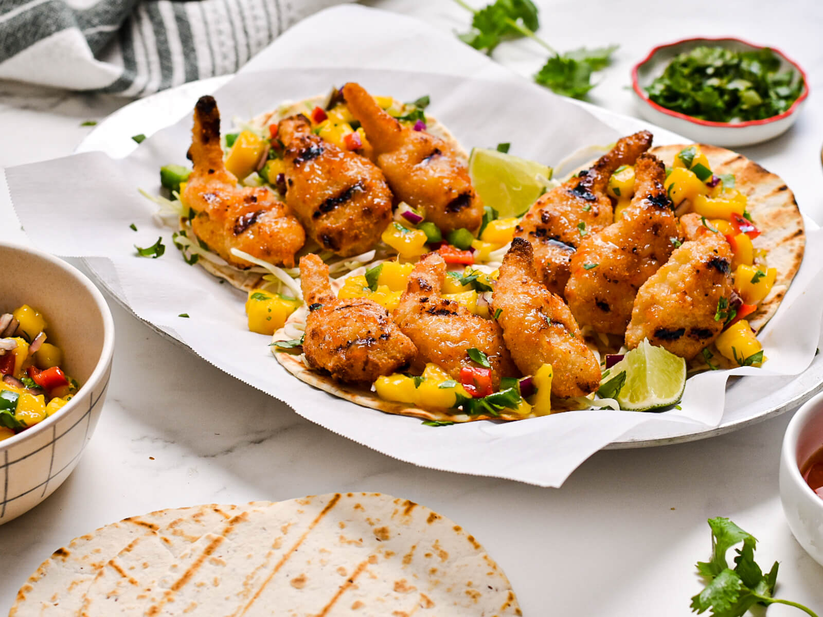 Grilled Butterfly Shrimp Tacos with Sweet & Spicy Sauce and Mango Salsa ...